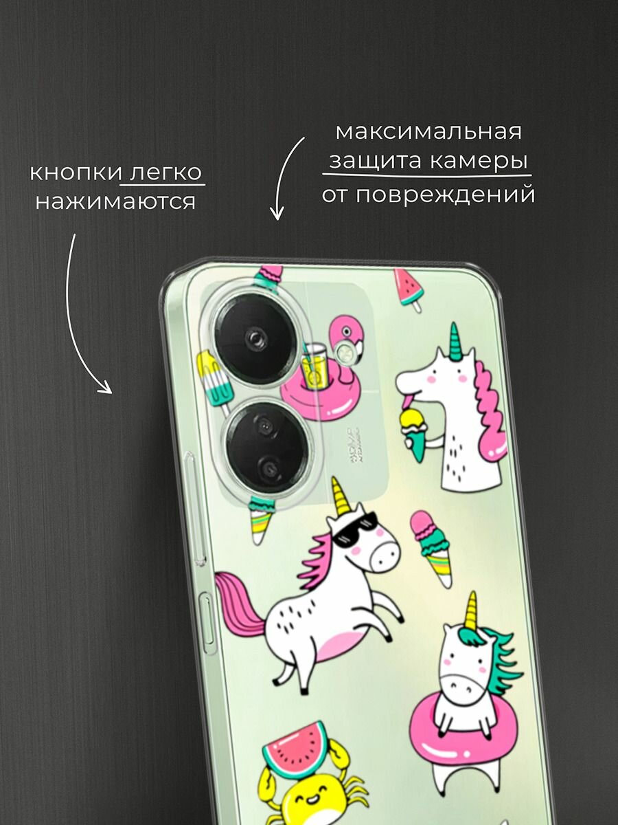 Чехол на Xiaomi Redmi 13C/Poco C65 / Сяоми Редми 13C/Поко С65 с принтом "Единороги в отпуске", прозрачный — фото 1
