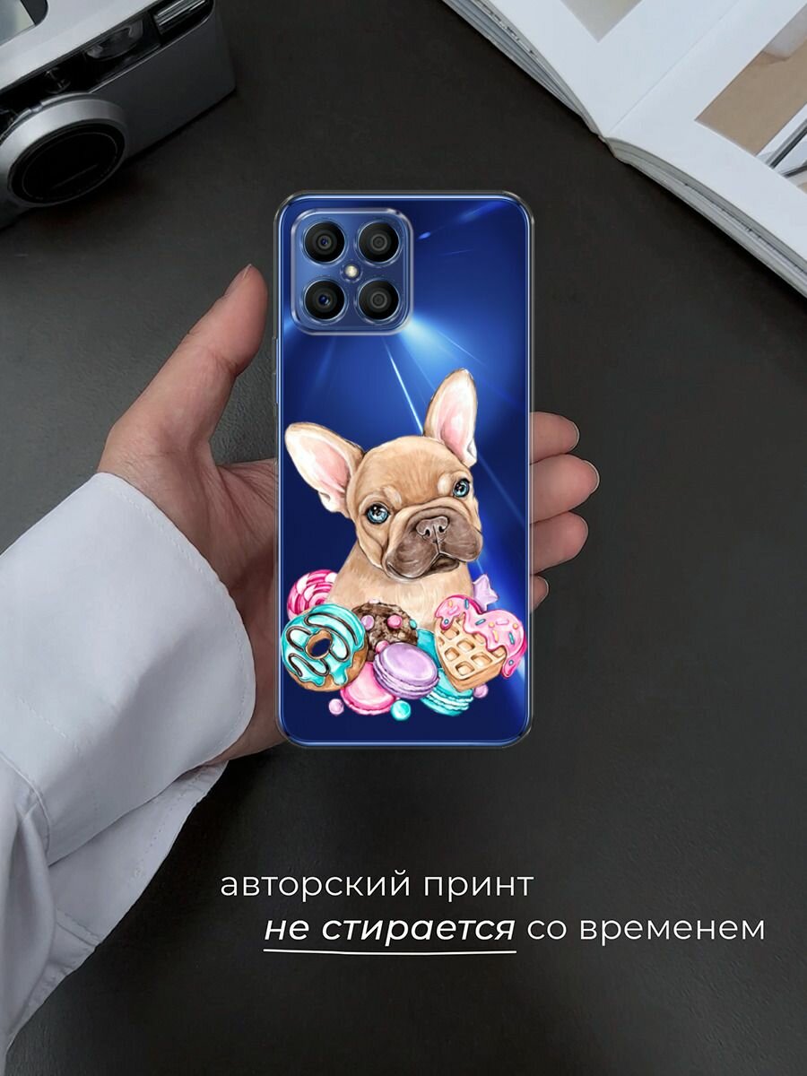 Чехол на Honor X8 / Хуавей X8 с принтом "Бульдог и сладости", прозрачный — фото 1