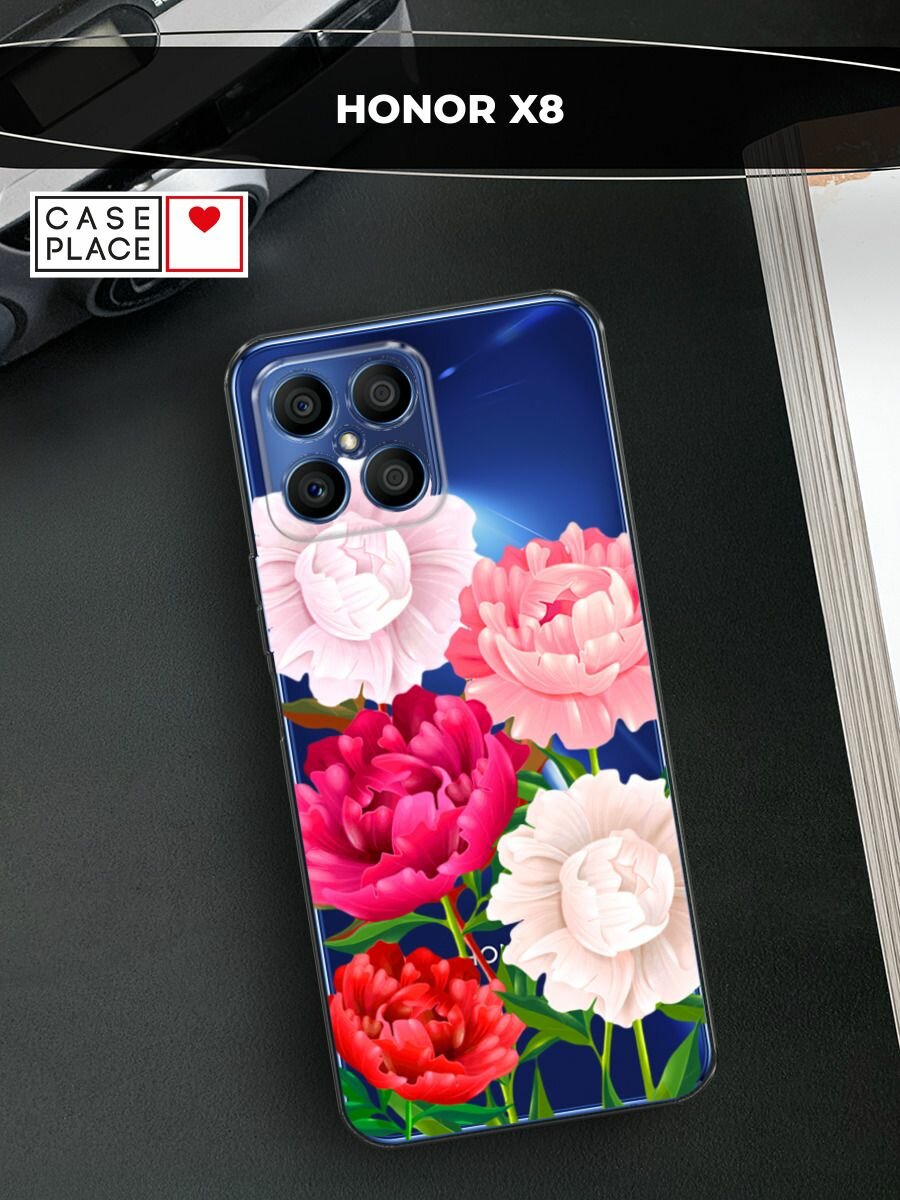 Чехол на Honor X8 / Хуавей X8 с принтом "Большие пионы", прозрачный