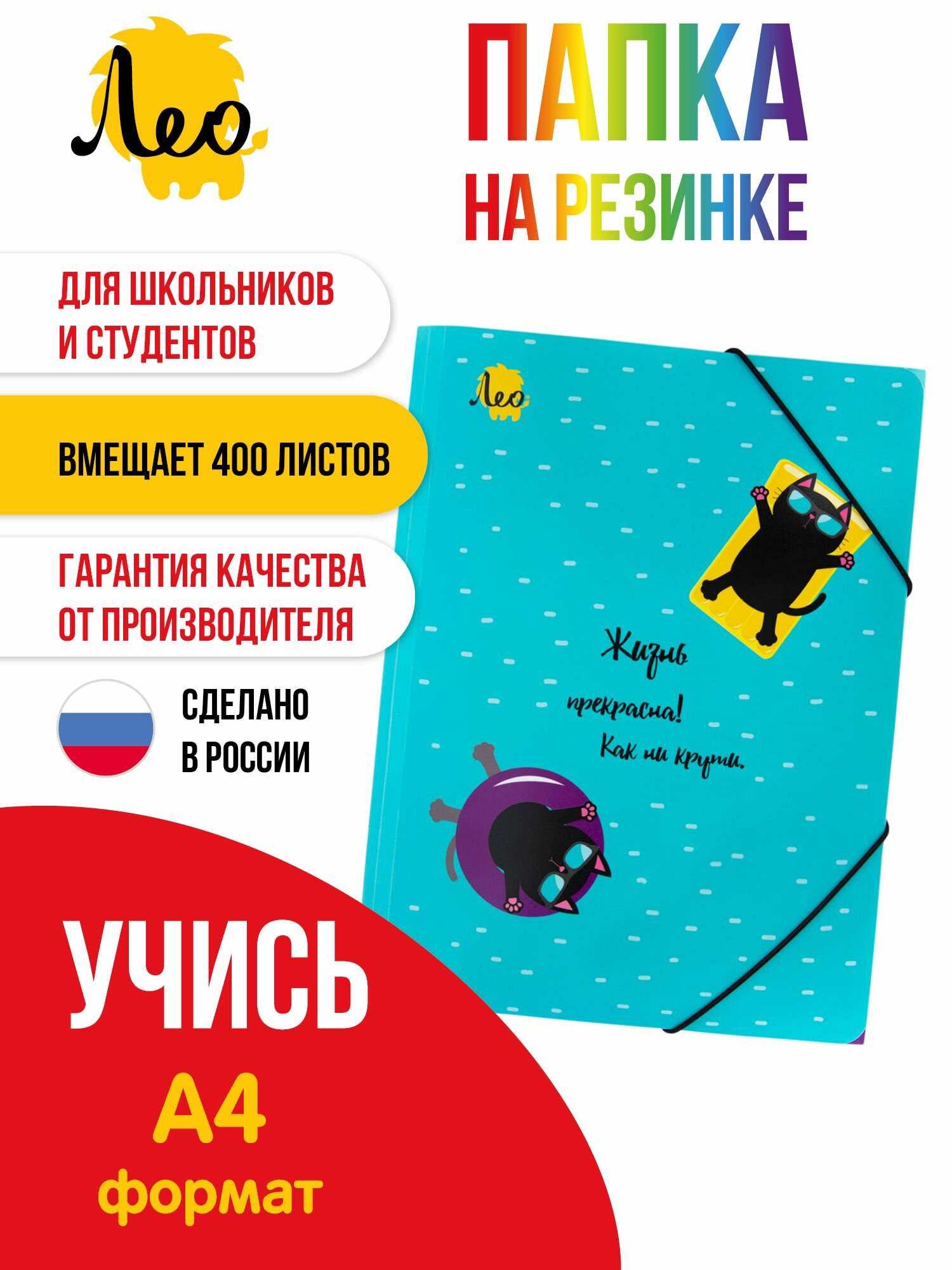 Папки на резинке "Лео" "Учись" A4 LRF-06 450 мкм 35 мм песок 5 шт. 02-Коты