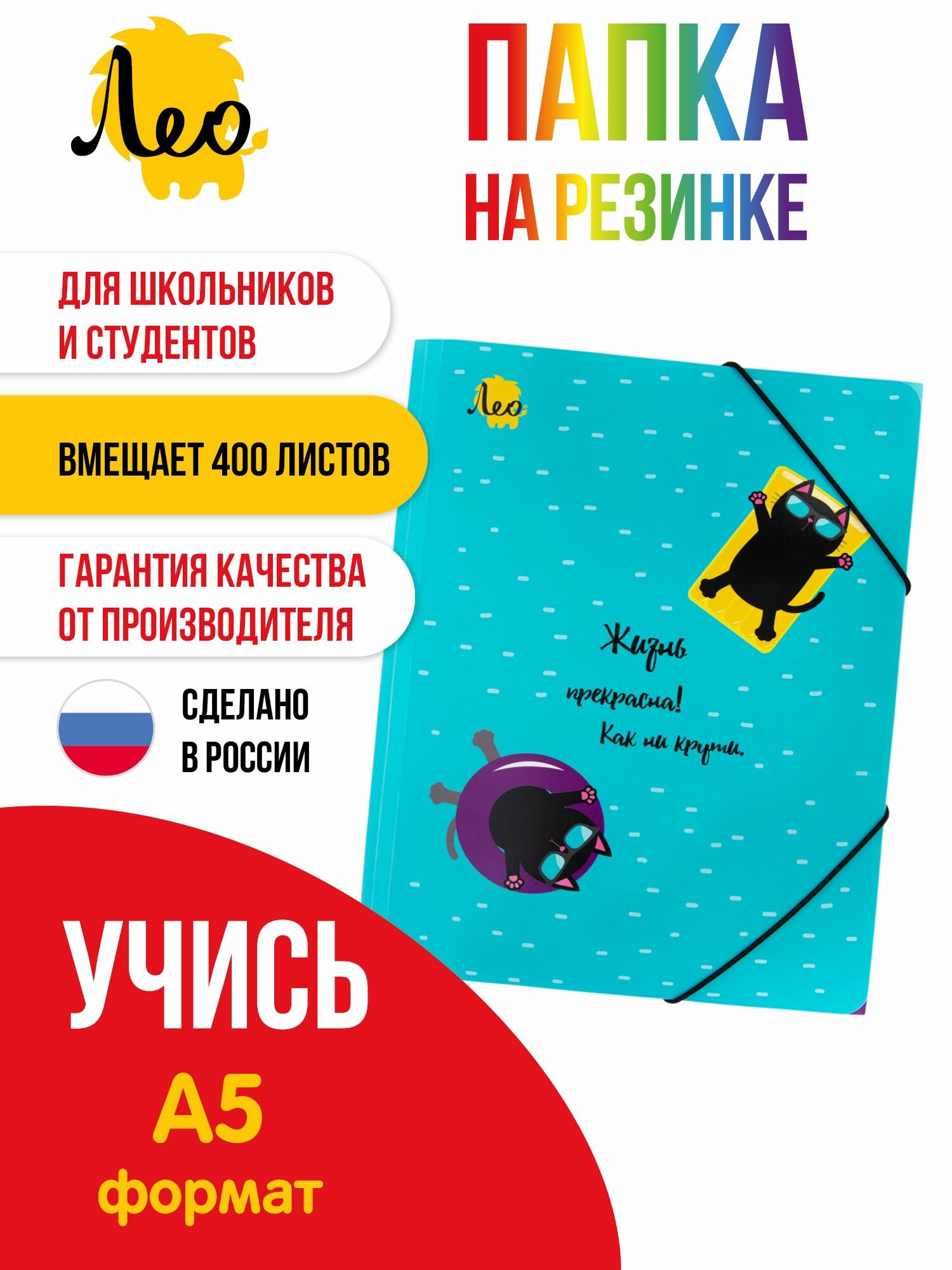 Папки на резинке "Лео" "Учись" A5 LRF-07 450 мкм 25 мм песок 6 шт. 02-Коты