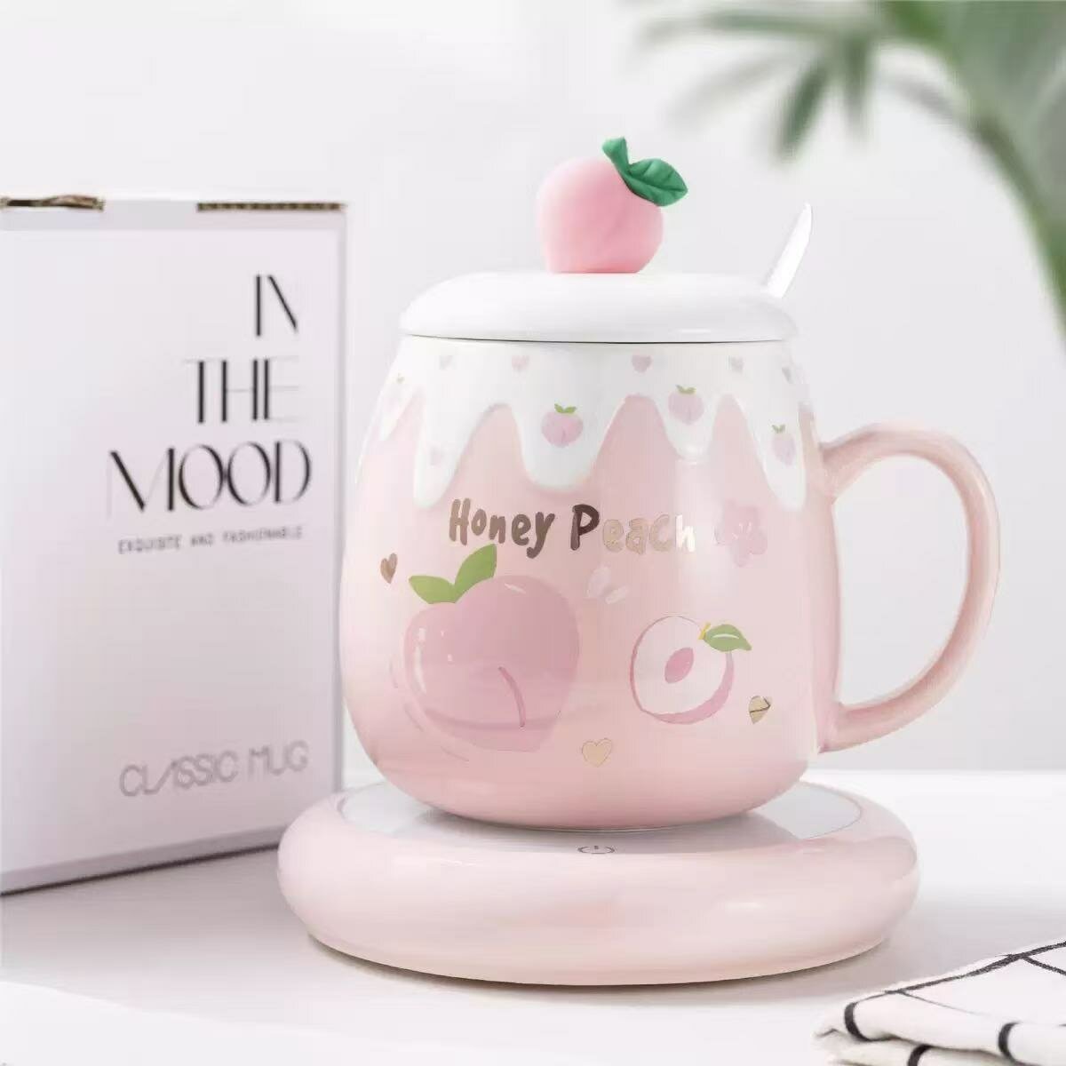 Кружка с подогревом керамическая на подставке 480 мл, подарочный набор с крышкой и ложкой