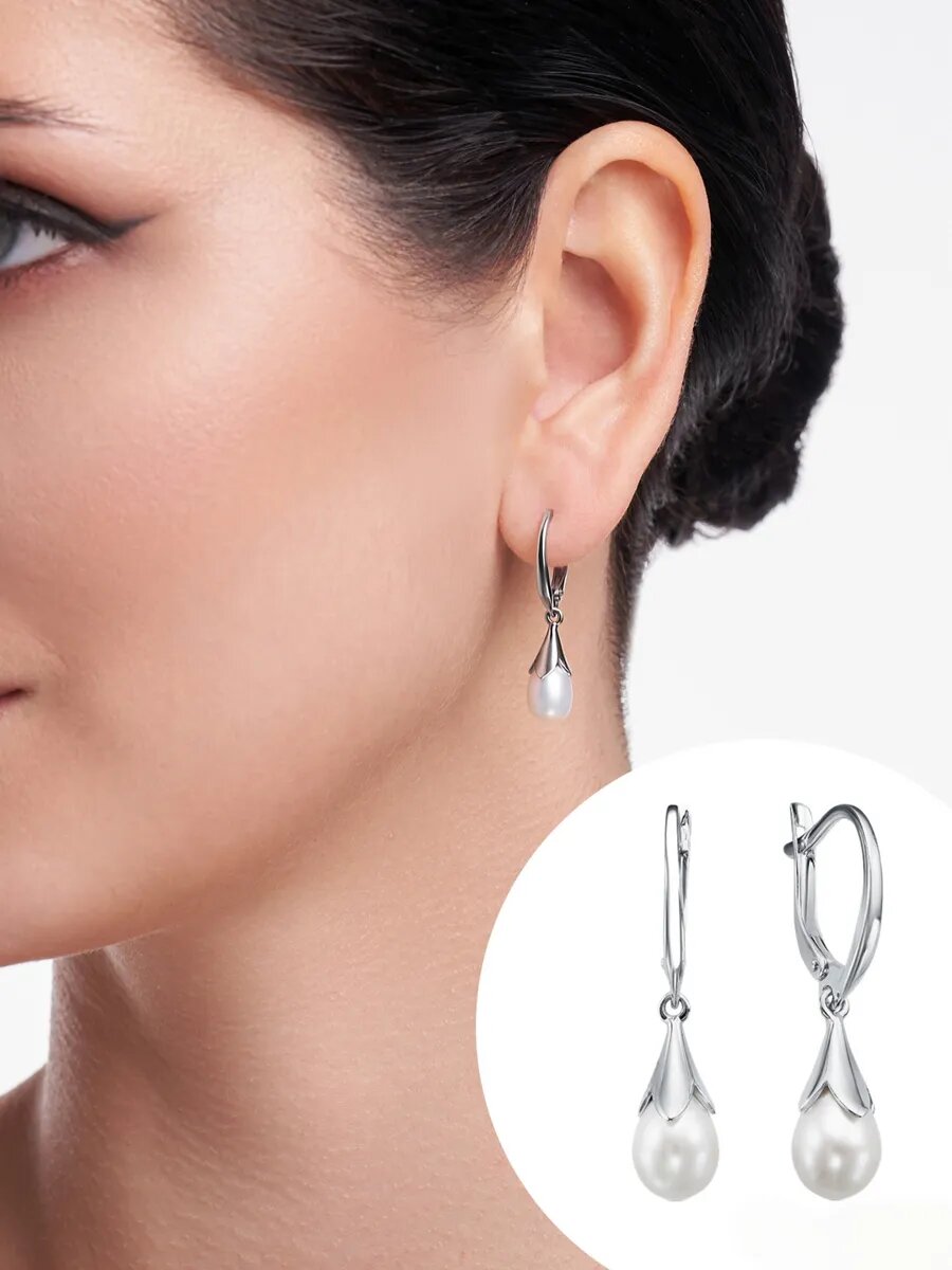 Серьги, серебро, 925 проба, родирование, жемчуг культивированный