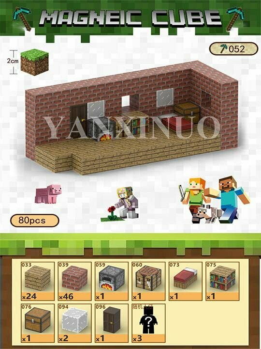 Магнитный конструктор Майнкрафт(Minecraft)/Комплект из 80 магнитных блоков и 3 фигурки