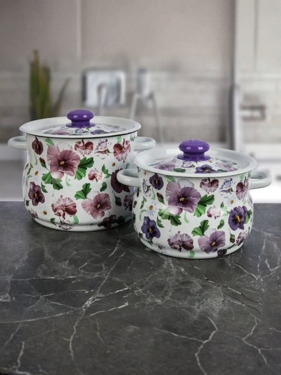 Набор посуды эмалированная сталь, 4 предмета, кастрюли 4,5.5 л, Сибирские товары, Анютины глазки 10, N10B54