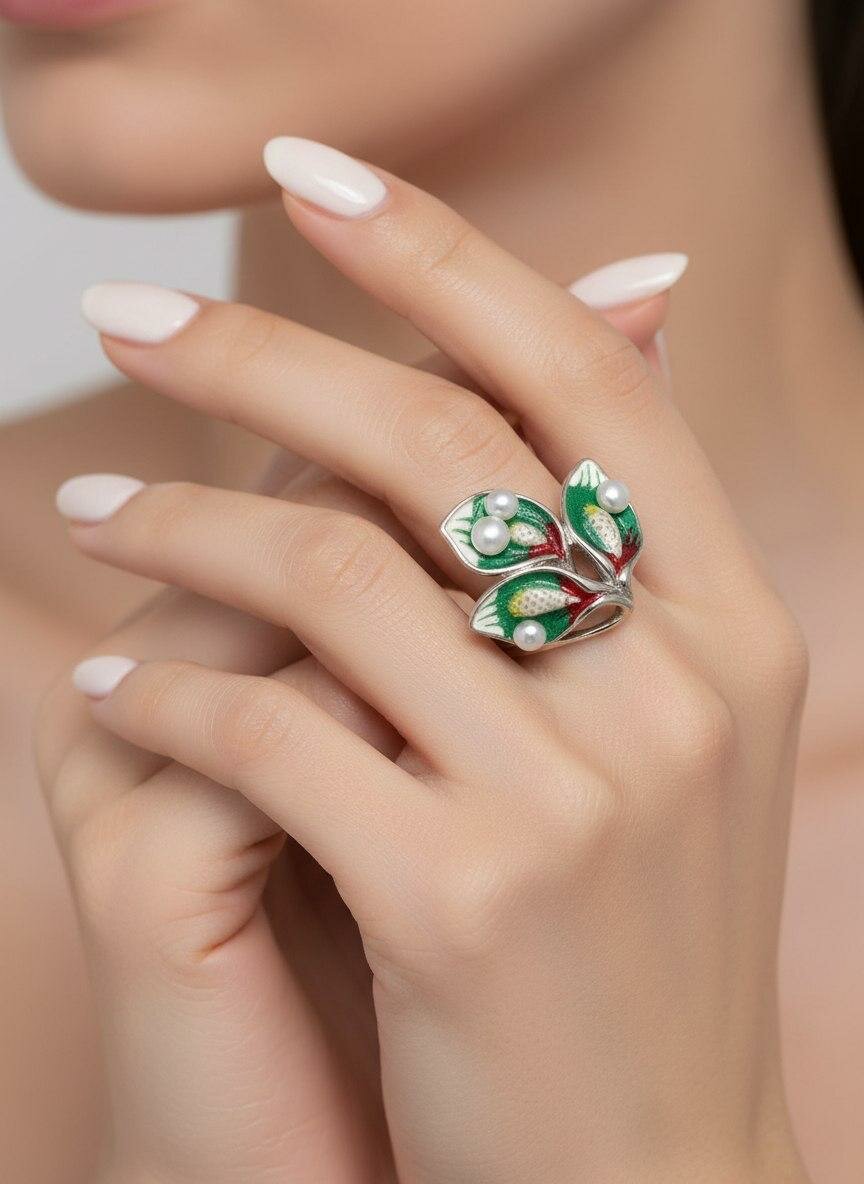 Перстень, серебро, 925 проба, родирование, эмаль, жемчуг культивированный