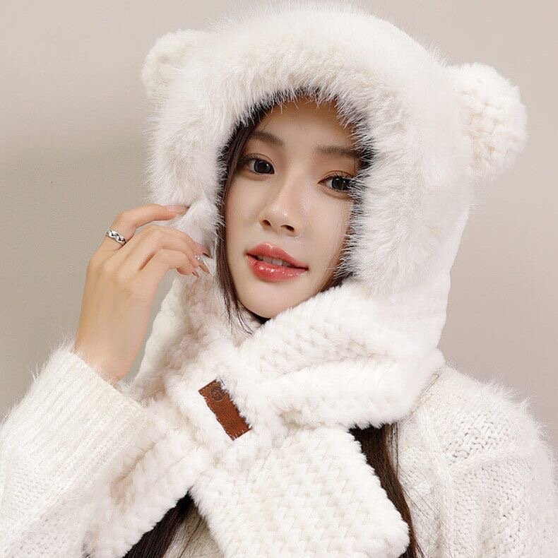 Шапка и шарф с лисьими ушками, универсальная шапка для женщин, зимняя милая плюшевая пушистая зверюшка, плюс шарф, комплект из двух предметов