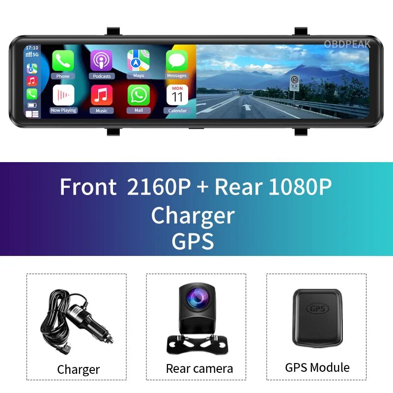 OBDPEAK 4K 3840*2160P Зеркало заднего вида Carplay и Android Авто видеорегистратор GPS-навигация Автоматический рекордер WIFI 1080P Двойной объектив Bluetooth K4- Dual Lens - GPS, With 64GB Card