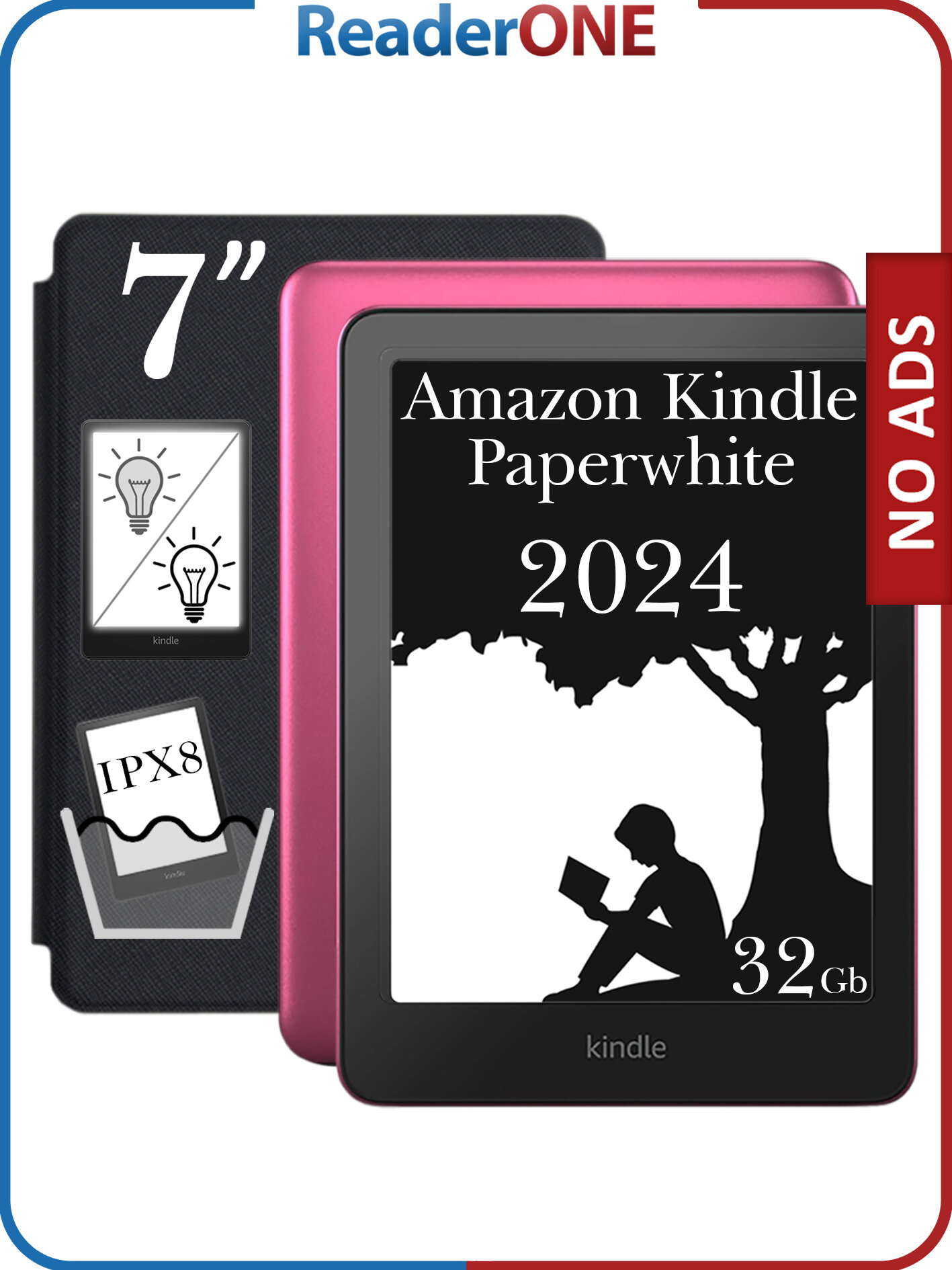 Электронная книга Amazon Kindle PaperWhite 12 2024 32Gb SE Metallic Raspberry с обложкой ReaderONE PaperWhite 2024 Black