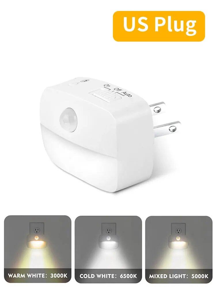 Aamasun датчик движения светильник 3 цвета US Plug night light, 1 PC