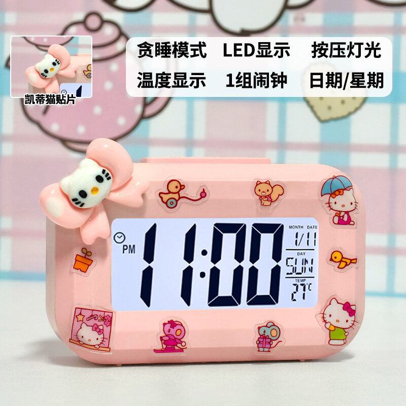 Будильник Hello Kitty Sanrio, светодиодная подсветка, с функцией таймера, случайные наклейки