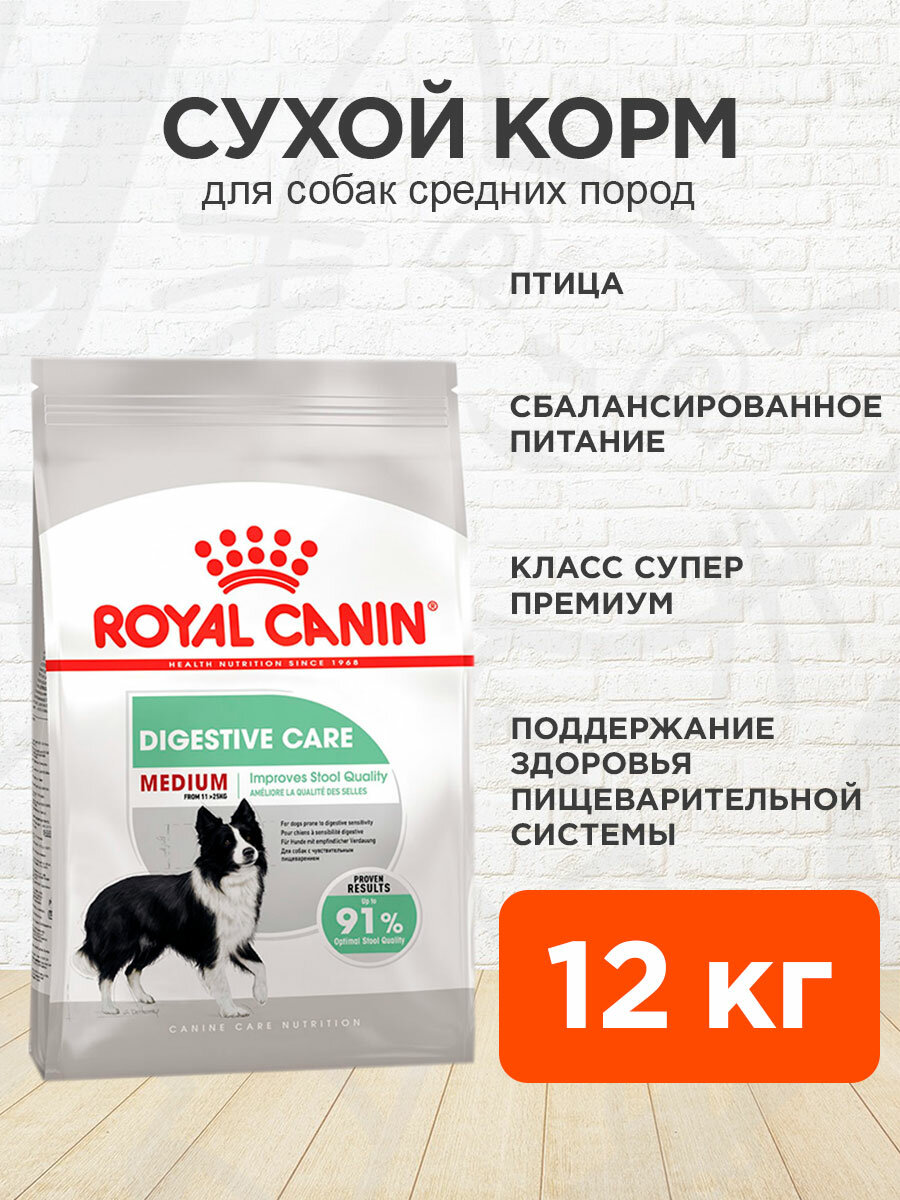 Корм сухой Royal Canin Medium Digestive Care для взрослых собак средних пород для поддержания здоровья пищеварительной системы, 12 кг