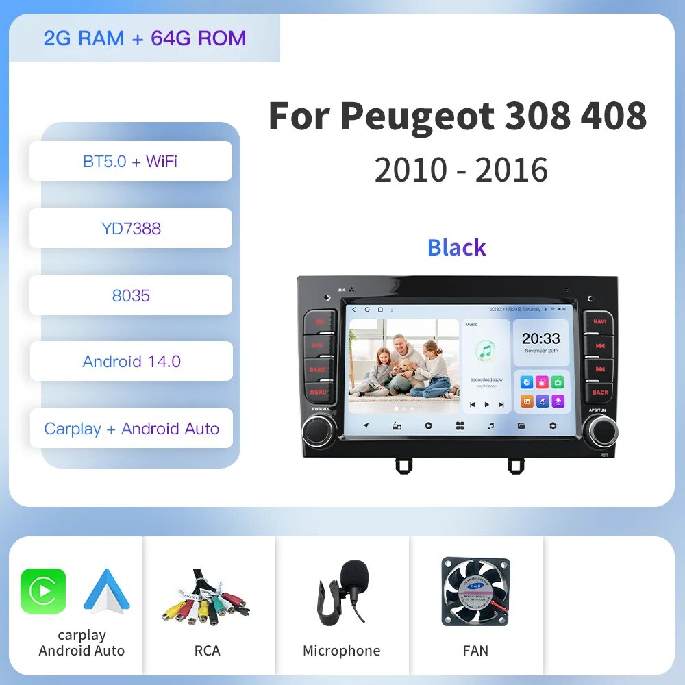 Автомобильное мультимедийное радио Kapud Android 14 7 дюймов для Peugeot 308 408 2 Din GPS-навигация 360 CarPlay Auto DSP TB Wi-Fi SWC