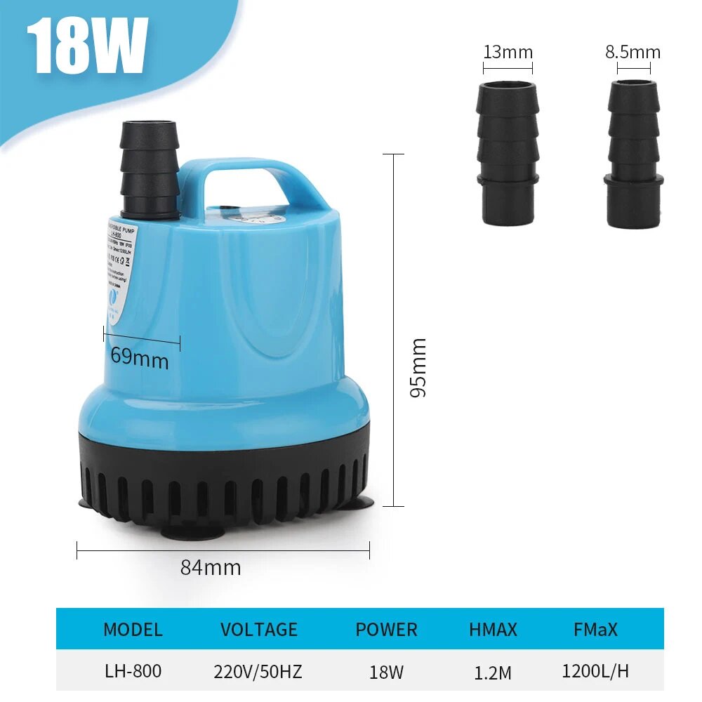 Погружной насос для аквариума 18W, 220V, голубой