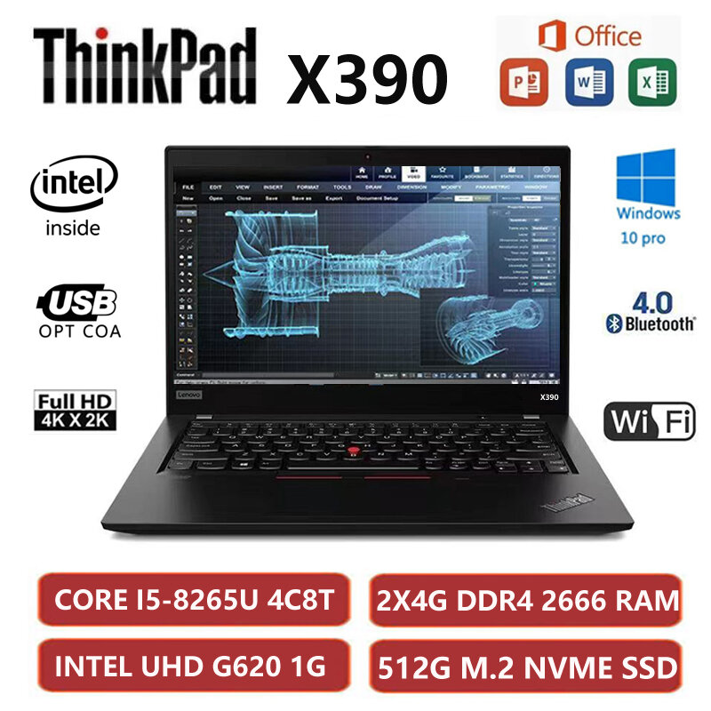 ноутбук 13.3" LENOVO Thinkpad X390 (CORE i5-8265U CPU+2X4G DDR4 2666 RAM +512G M.2 NVME SSD+INTEL UHD 620 Видеокарта +1920X1080 IPS 4K+WIFI плюс Bluetooth ) Win 10 pro