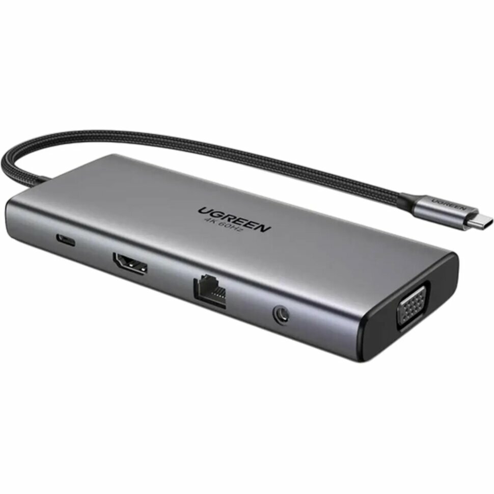 Разветвитель USB UGREEN CM639(45520)11в1 HDMI+VGA+RJ45+SD/TF+AUX+PD сер, 2421324
