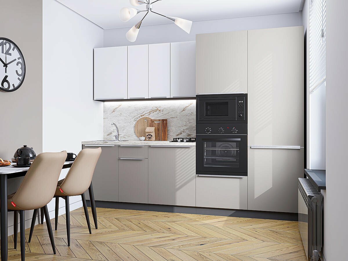 Кухня 2.7 метра Фьюжн-07, Готовый кухонный гарнитур кухня без столешницы 2140*2700*600 Silky White, Clay Silk