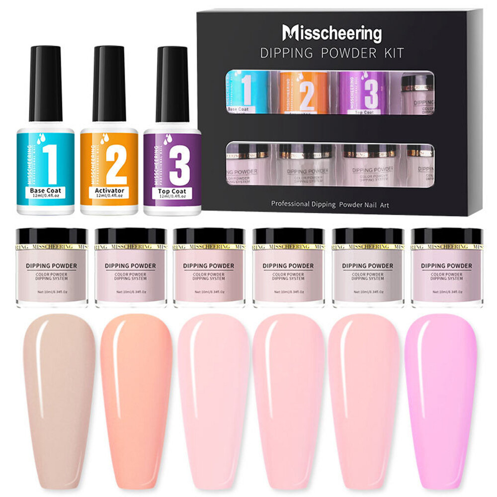 Набор порошка для ногтей Dipping Nail Powder Kit 6 цветов для французской накладки маникюра с базовым лаком, топом и активатором без необходимости использования UV/LED лампы, 6 бутылок порошка 10мл, 1 базовый лак 12мл, 1 активатор 12мл, 1 топ 12мл,