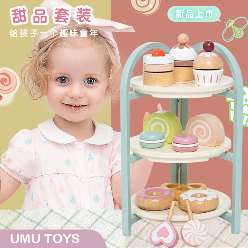 Детская игра в притворство: послеобеденный чай, десертный торт, продажа хлеба, кофемашина, чайный набор, деревянные игрушки