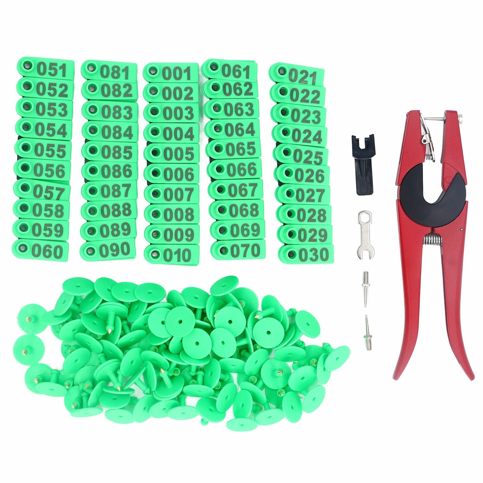 100 комплектов бирок для скота: зеленые бирки, красные щипцы + 2 иглы (КРС, лошади, свиньи, овцы)
