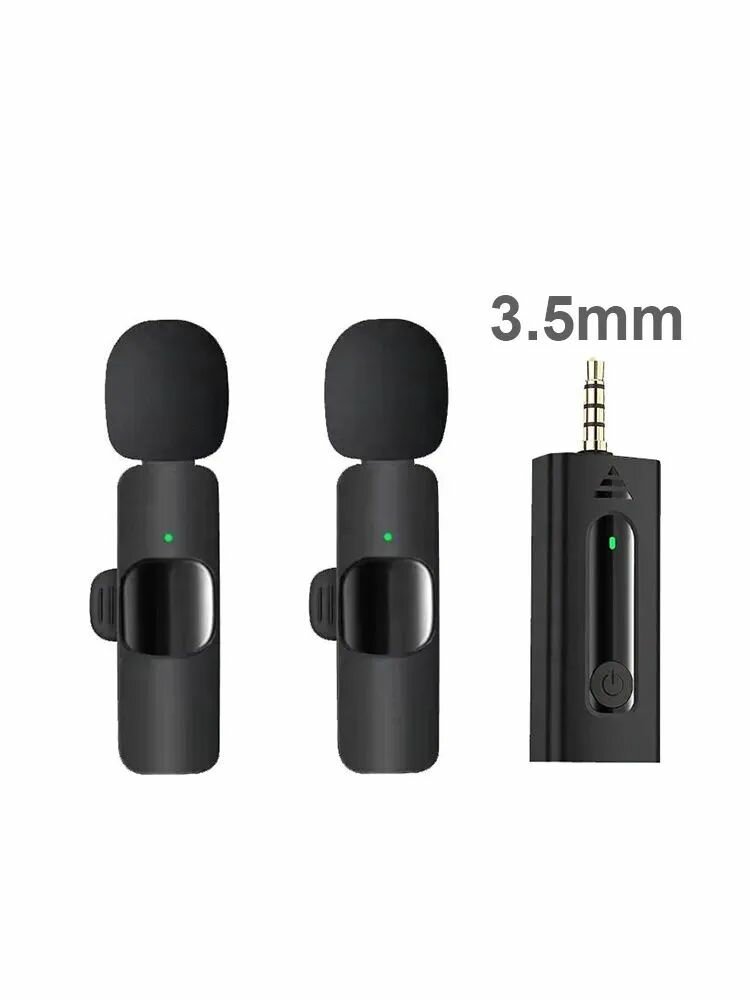 Микрофон Микрофон петличный беспроводной петличный с ресивером mini jack 3.5 mm, 2 микрофон + 1 приемник, K35, черный
