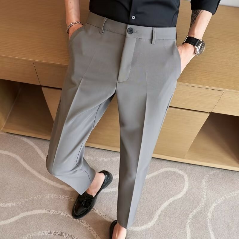 Тренд RONG CH Мужские Костюмные Брюки Кроп Слим Ледяная Шелк Деним, Размер_31