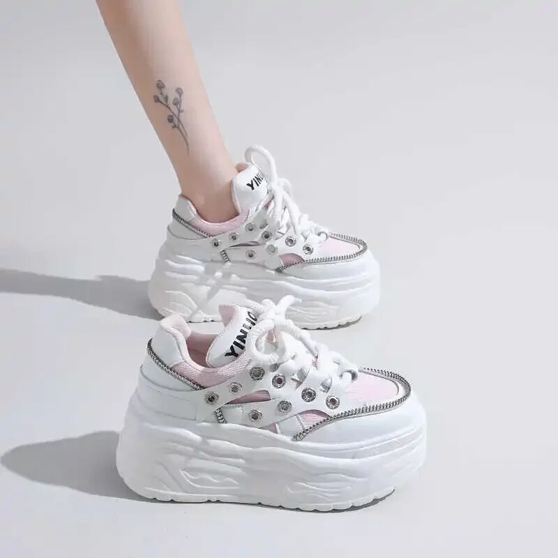 8 см кожаные женские скейтбординговые высокие брендовые массивные кроссовки повседневная 38, Розовый