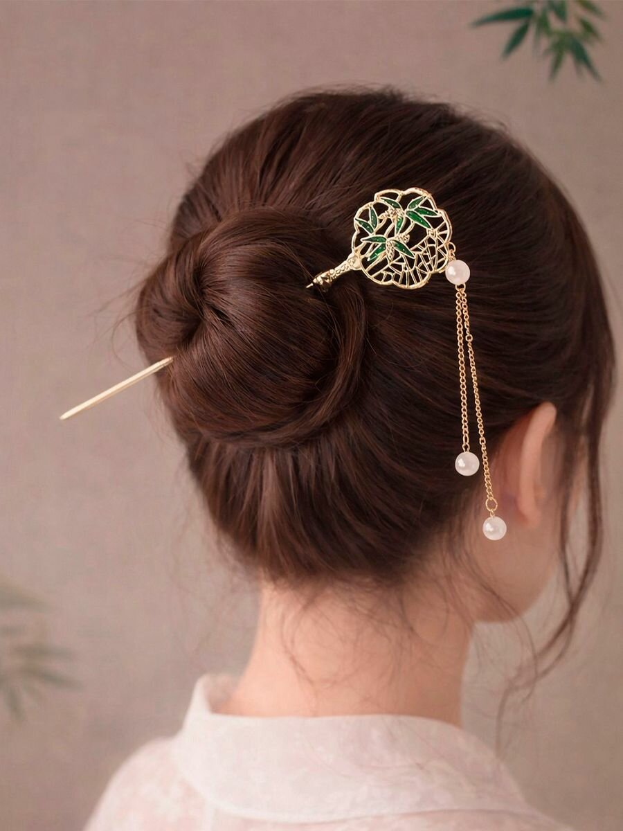 Японская заколка - шпилька для волос "Листья бамбука и висящий жемчуг"