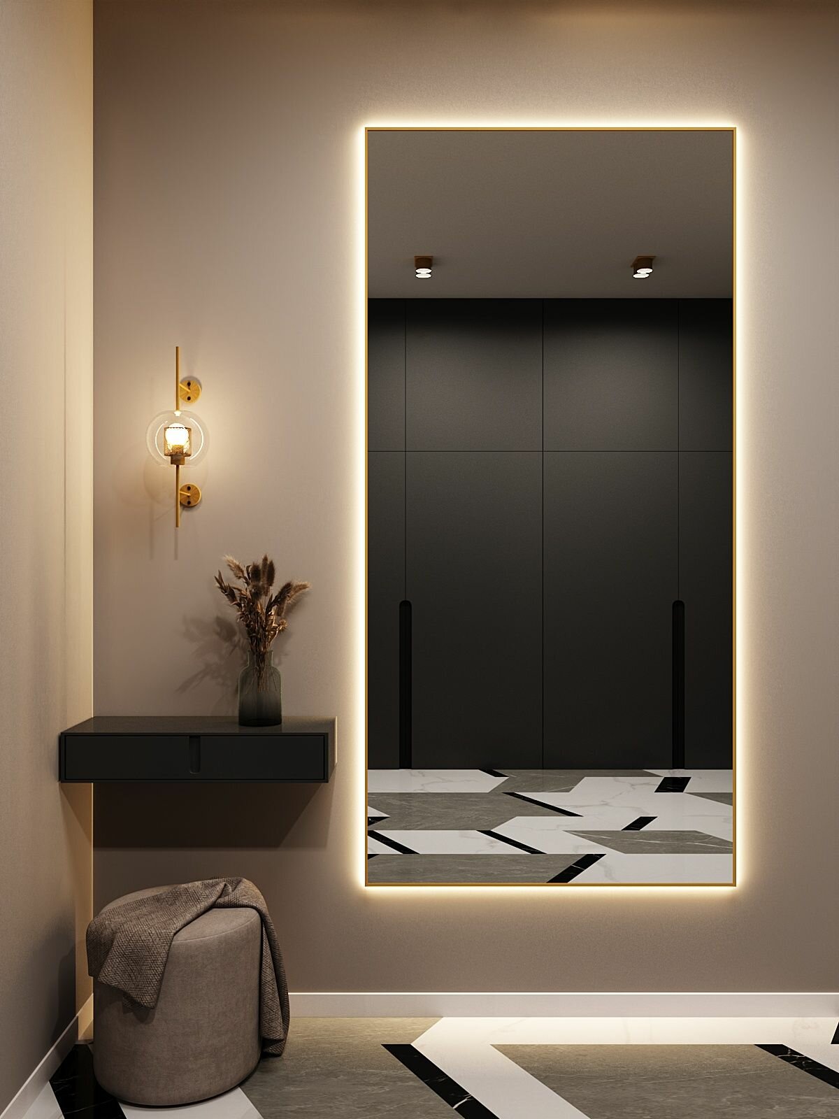 Зеркало настенное 210х100 см. золото с подсветкой. Свет: Теплый белый 3000К. В алюминиевой раме интерьерное BLX MIRROR