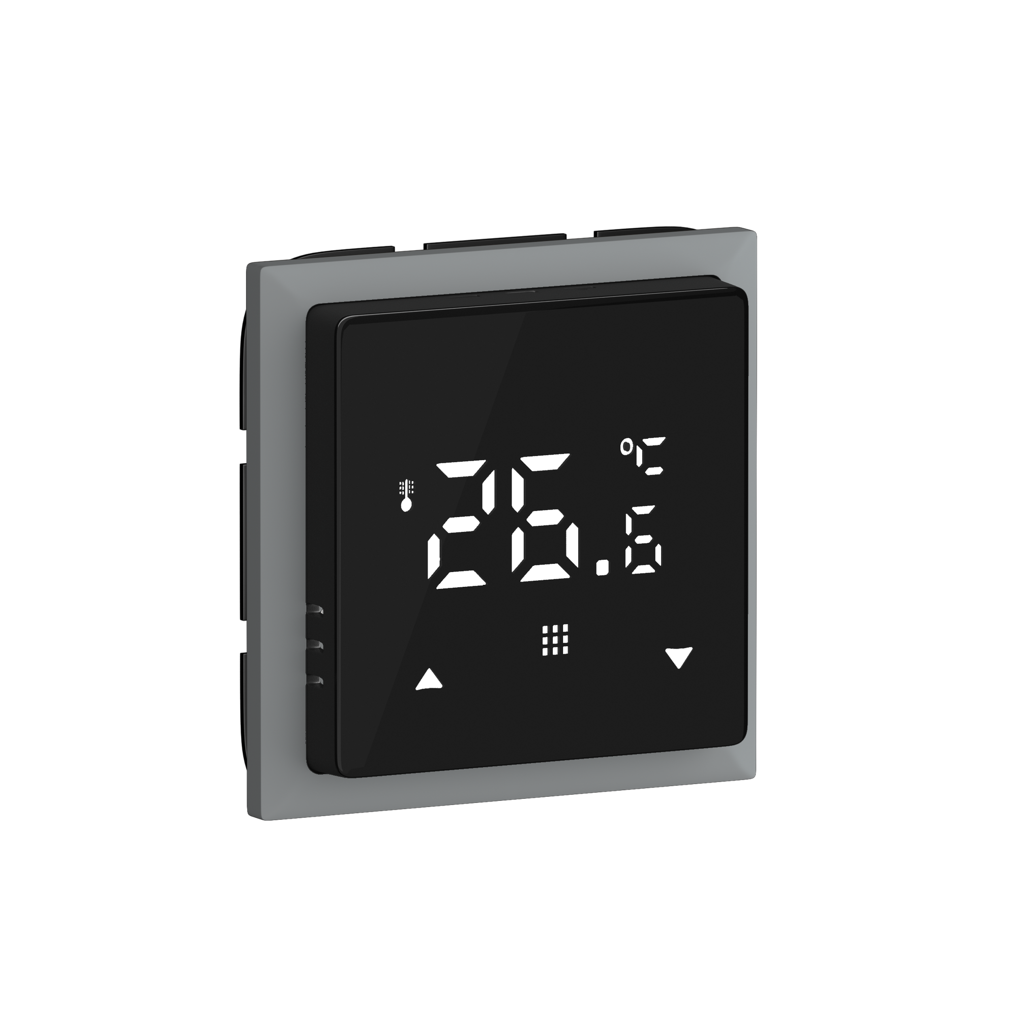 Термостат с датчиком температуры, программируемый, 16A, с чёрным стеклом 55х55мм, цвет матовый серый, серия R98, Donel