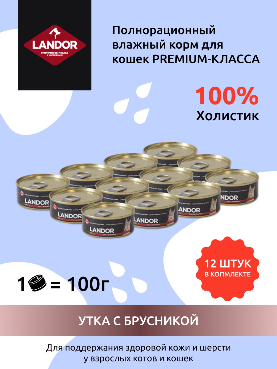 Полнорационный влажный корм LANDOR для взрослых кошек утка с брусникой 100г х 12шт.