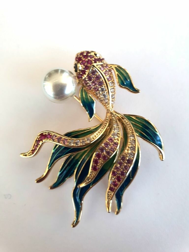 Брошь, фианит, жемчуг культивированный