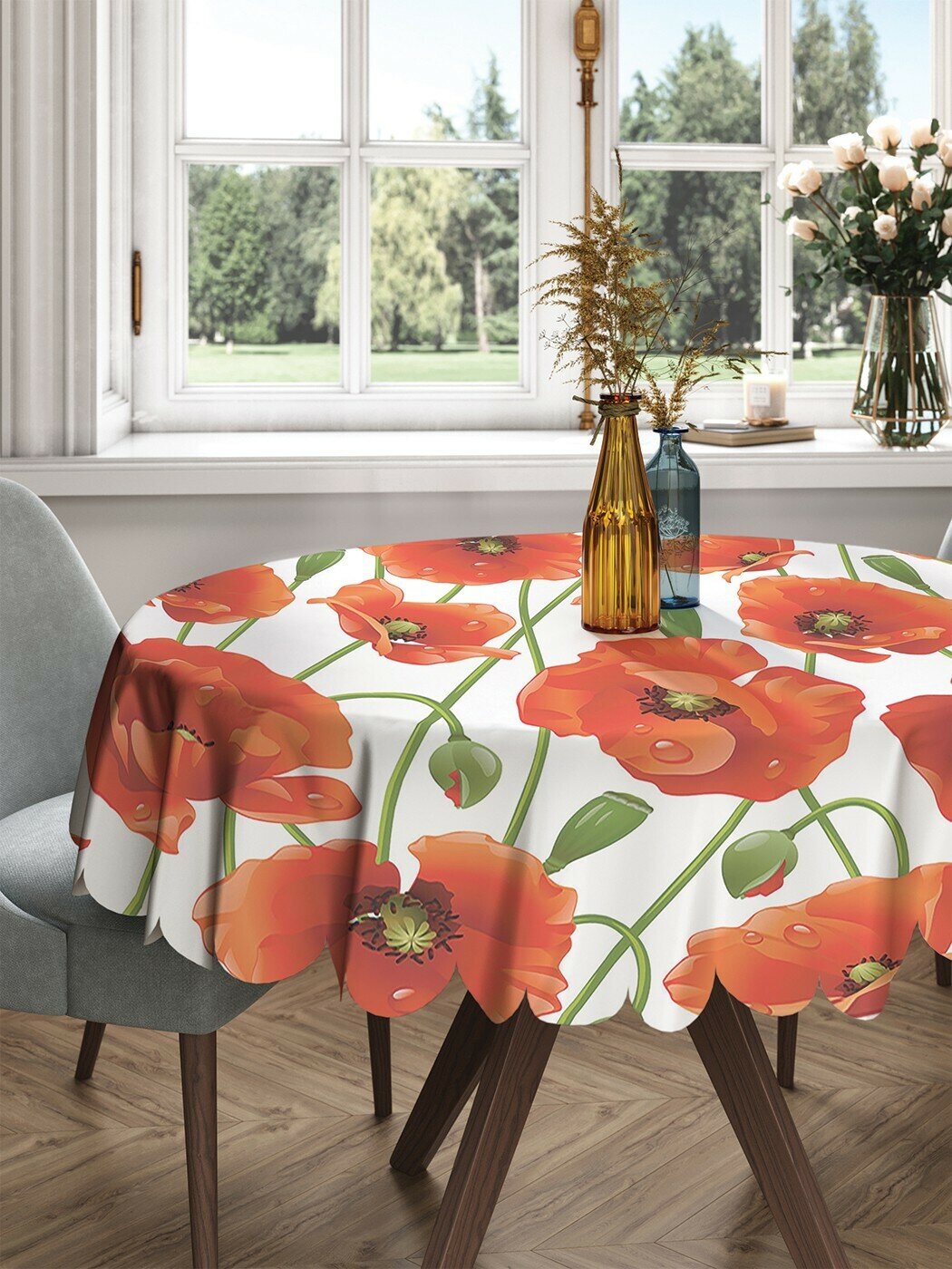 Круглая скатерть на стол с принтом "Бескрайние маки" 150х150 см, JoyArty