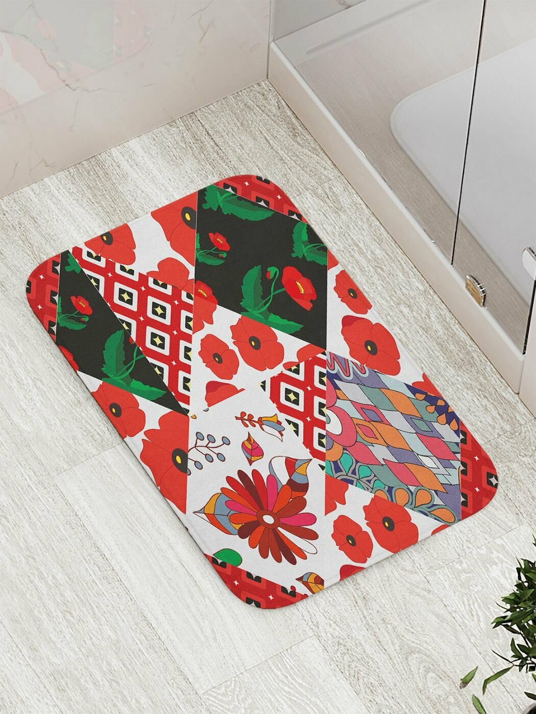 Коврик для ванной комнаты, туалета "Квадратный пэчворк" противоскользящий, 52х77 см, JoyArty
