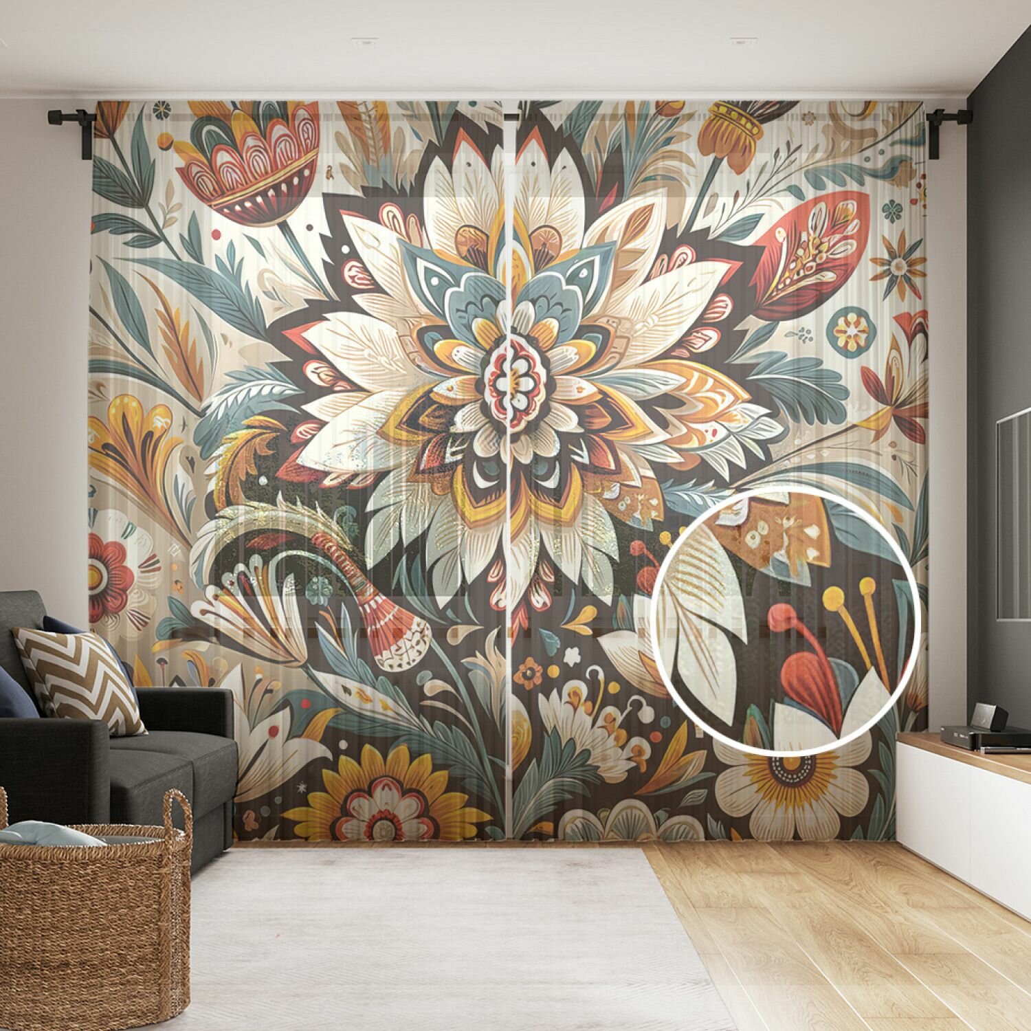 Тюль, фототюль длинный JoyArty "Ажурные цветы" высота 265 см, ширина 145 см (по 2 полотна)