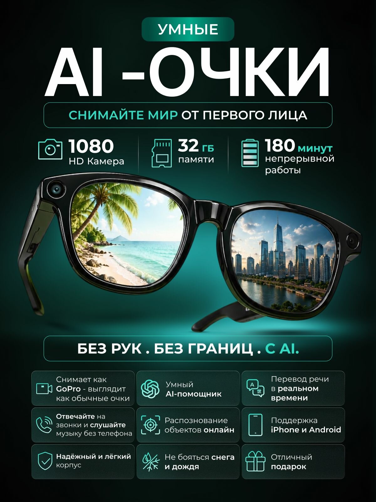 Очки с камерой, умные очки с камерой и микрофоном, Smart Glasses Ai