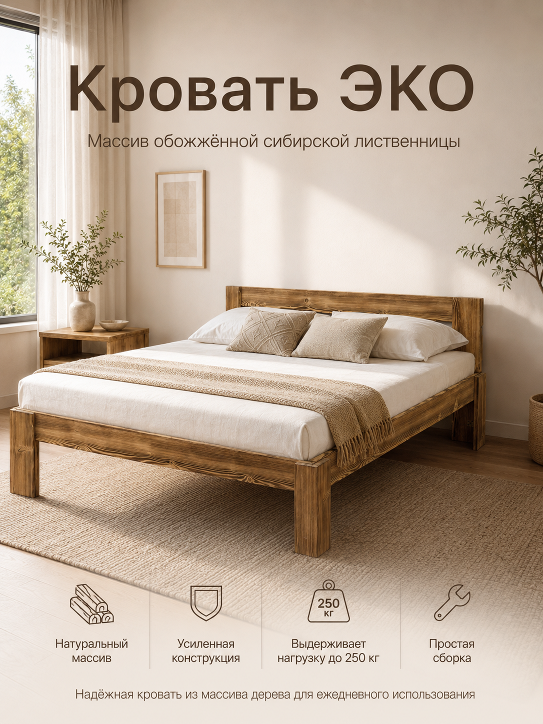 Кровать ЭКО 180х200 из массива обожённой лиственницы, деревянная двуспальная, разборная