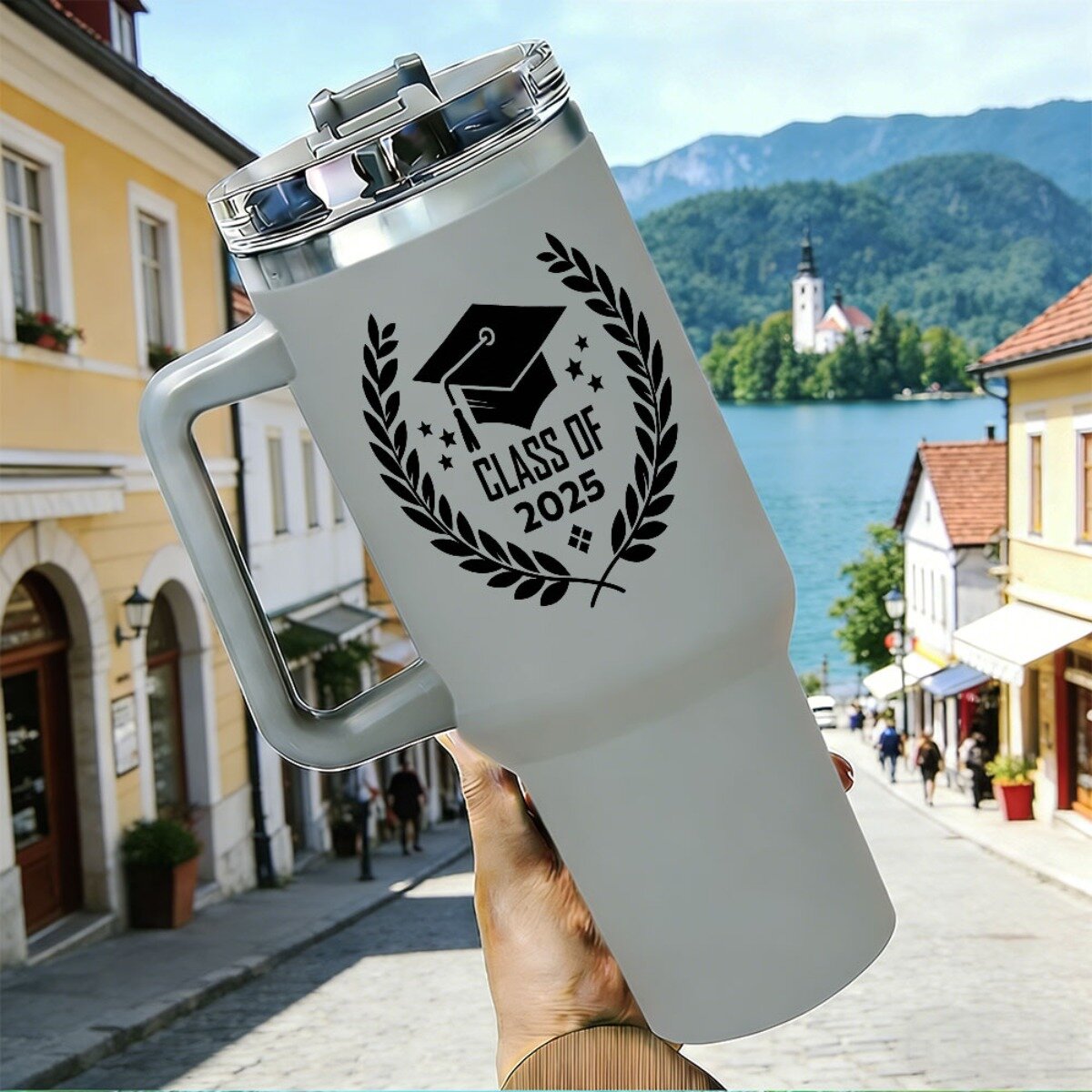 Бутылка для воды из нержавеющей стали 40oz, серая, с дизайном «Выпуск 2025» (иллюстрация диплома и шапочки), абстрактный принт, легкая, герметичная, для путешествий и подарков