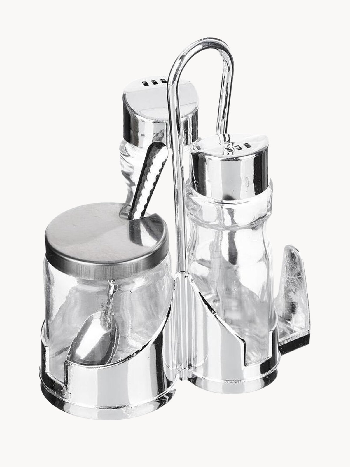 Набор для специй на подставке 3в1: солонка и перечница с салфетницей, сахарница с ложкой, цвет серебристый