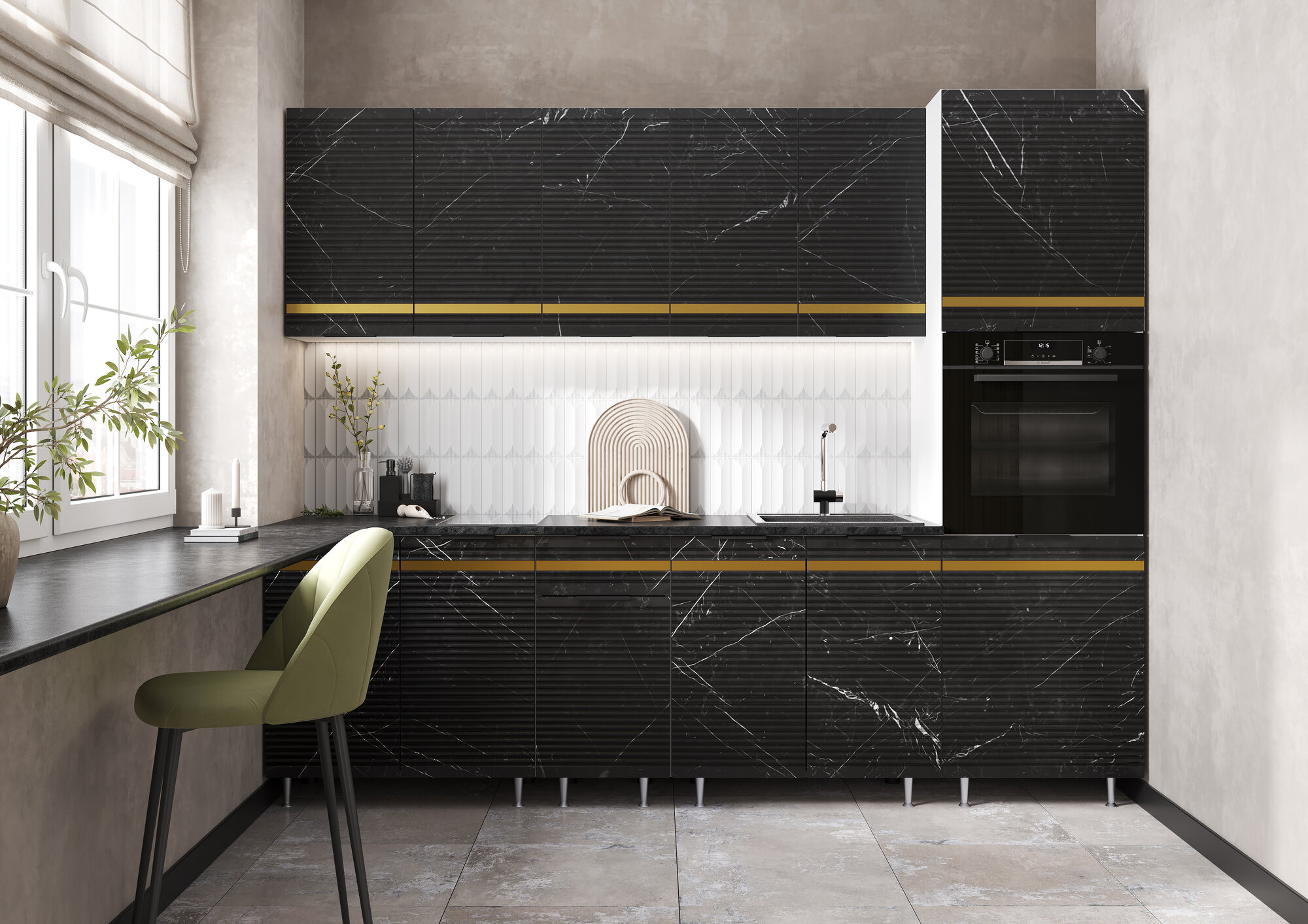 Кухня черная Миф Милена 2,6м (490) Мрамор Блэк софт/ столешница Антарес