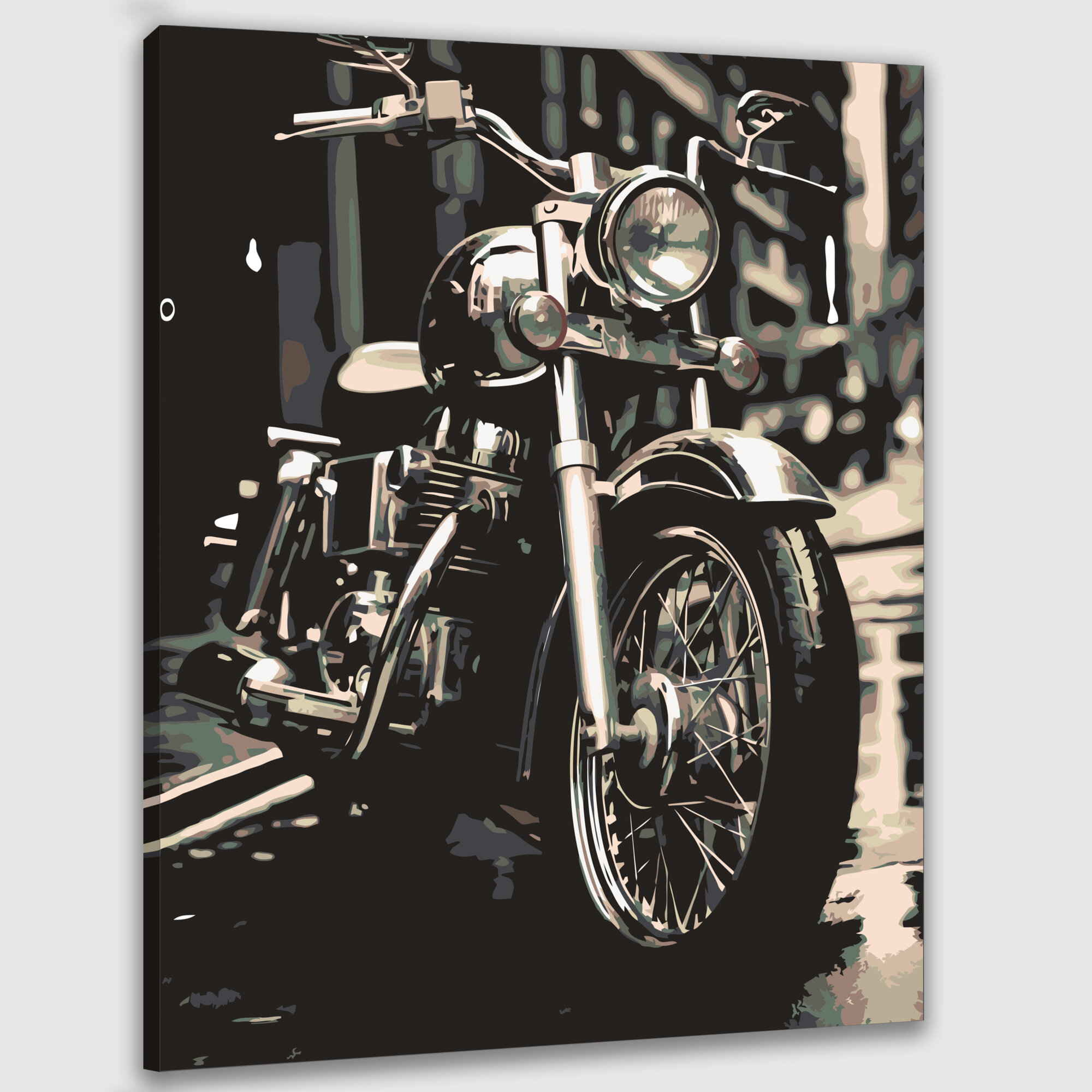 Картина по номерам 40x50 см, черно-белая фотография, винтажный мотоцикл, гладкий хром, блестящий хром, городской пейзаж