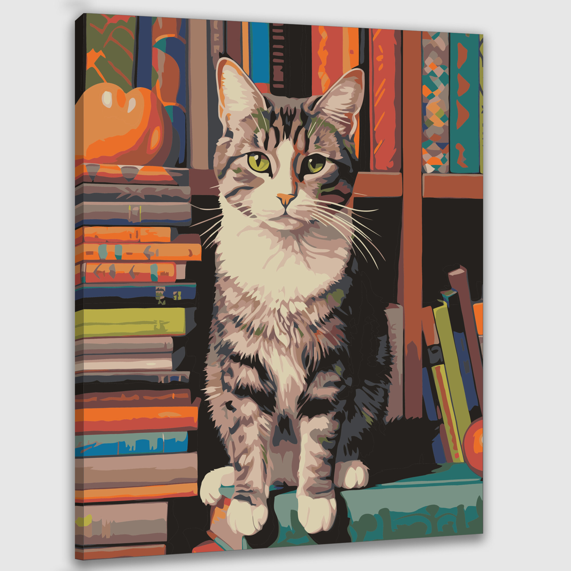 Картина по номерам 40x50 см, яркая акриловая картина, кошка, книжная полка, классическая литература, искусство