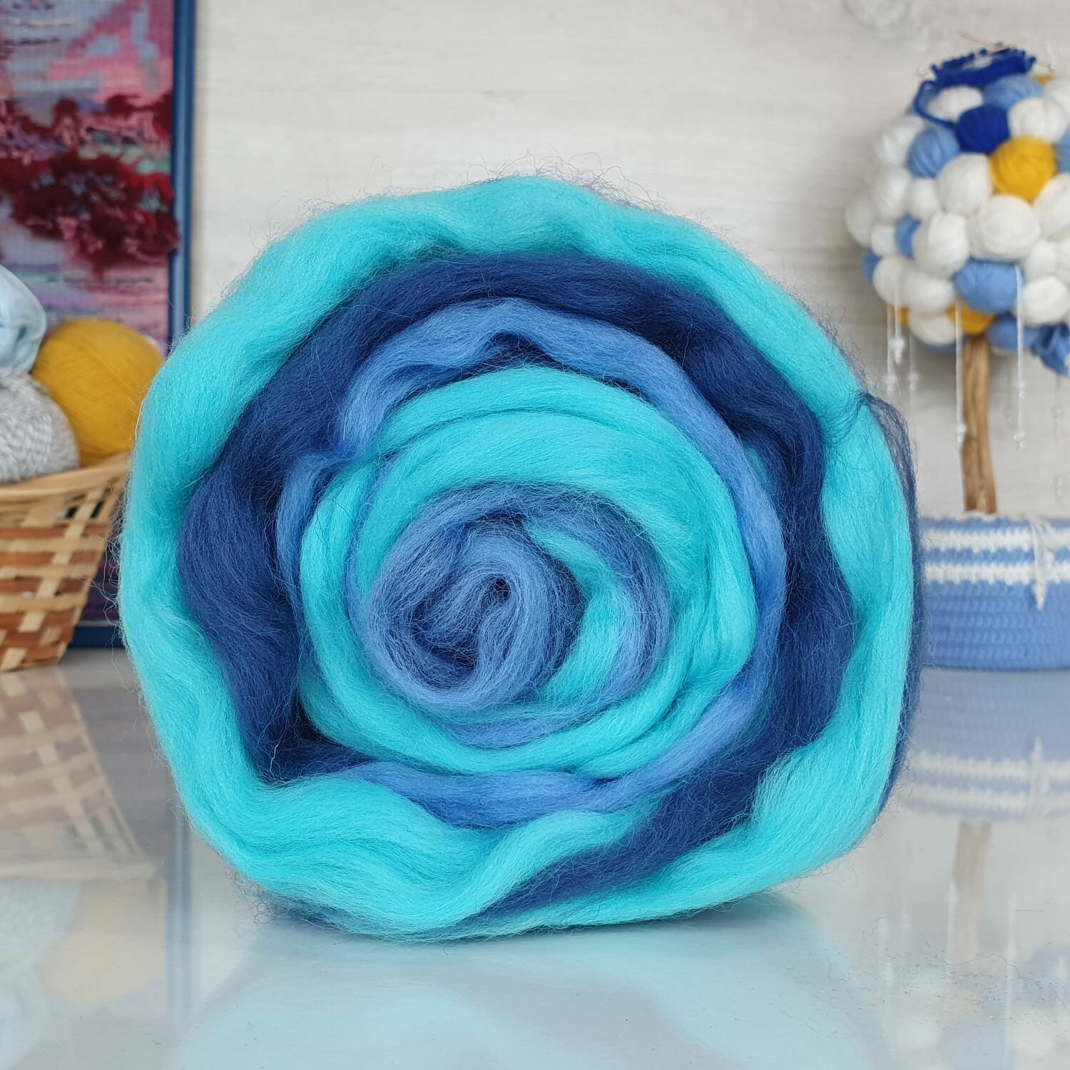 Пряжа шерстяная Полутонкая шерсть (для валяния), лесн. колок./бирюза/джинсовый - 1518, 100% шерсть п/т, 1 моток, 100 г, м.