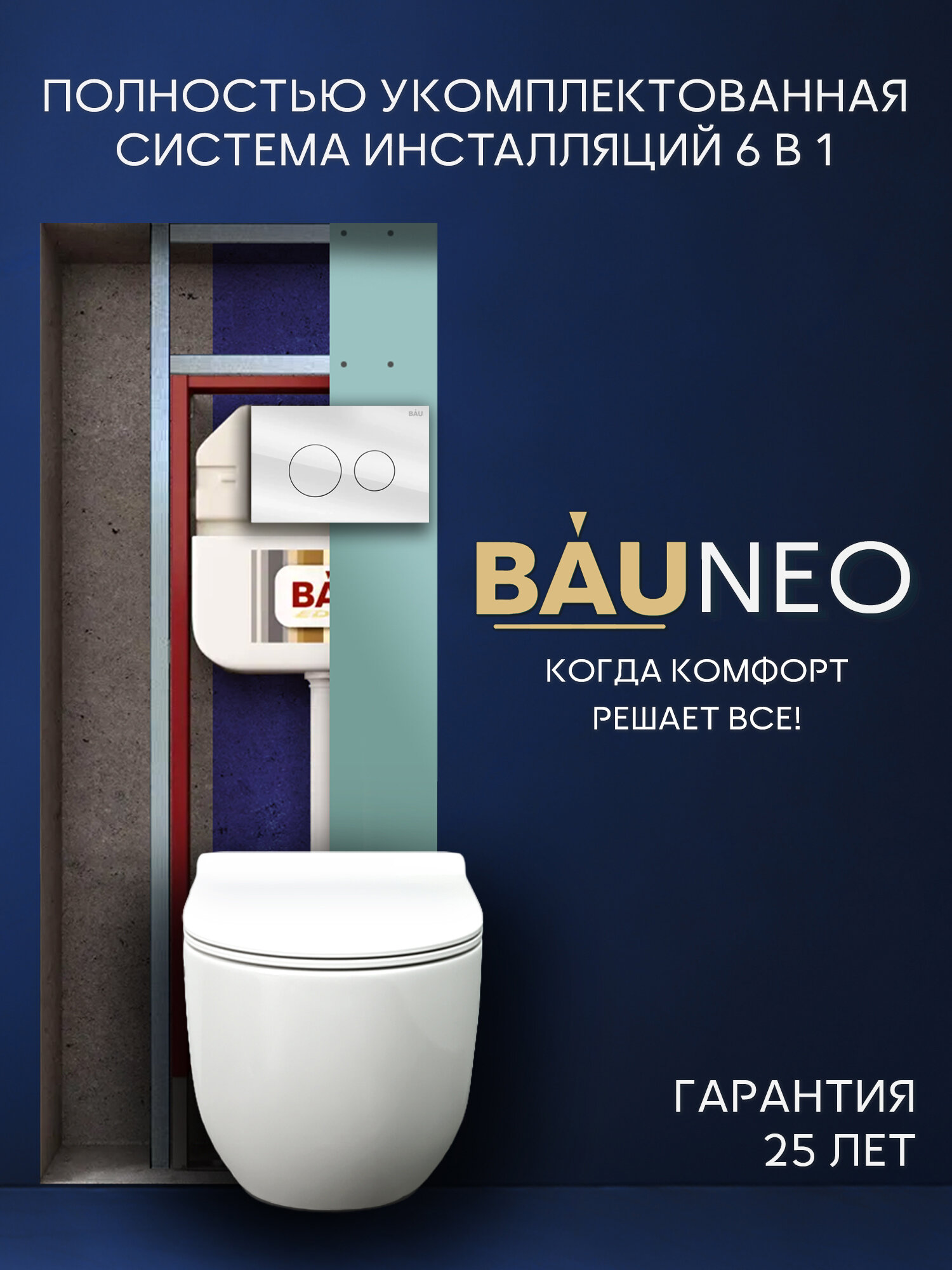 Комплект BAU 6 в 1: рамная инсталляция BAU NEO 45, унитаз подвесной безободковый Bau Dream Pro, быстросъемное тонкое сиденье дюропласт микролифт, кнопка смыва из стекла BAU Dream дизайнерская, белая
