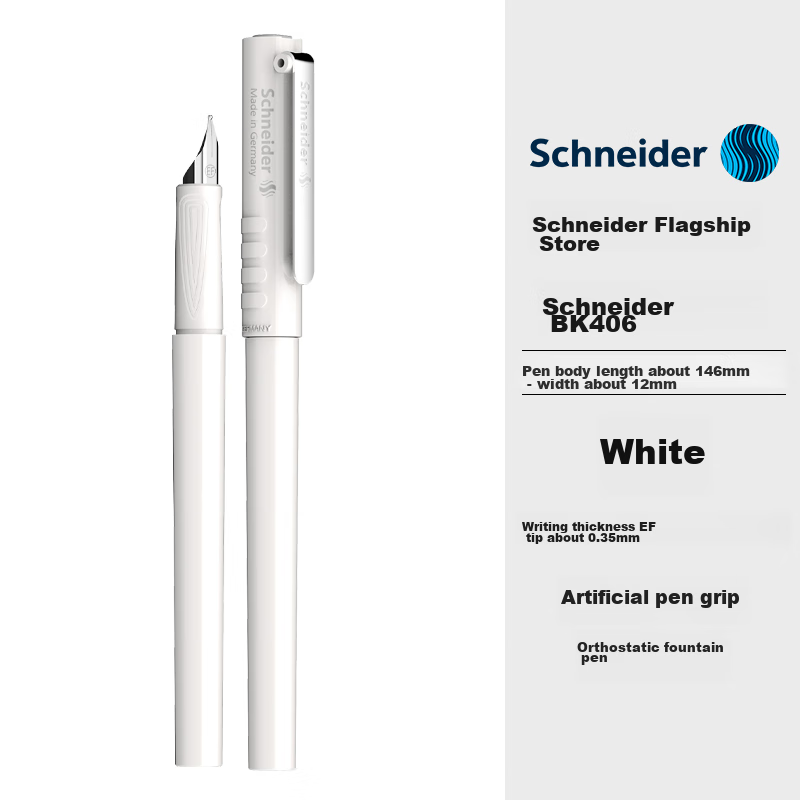 Schneider Fountain Pen for Students And Adults, Handwriting Practice Pen for Boys And Girls in Grades 3-4, Office Use Signature Pen, German Imported Ink Pen, EF Nib, BK406-White, 161849H