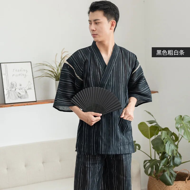Мужское японское кимоно Jinbei, хлопок, черный