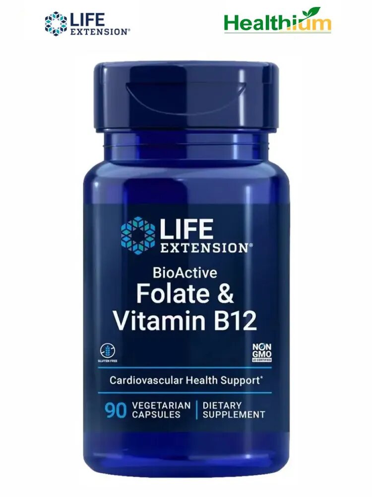 Life Extension BioActive Folate & Vitamin B12 Фолиевая кислота и витамин В12, Укрепление иммунитета, Для сердца и сосудов, 90 вегетарианских капсул