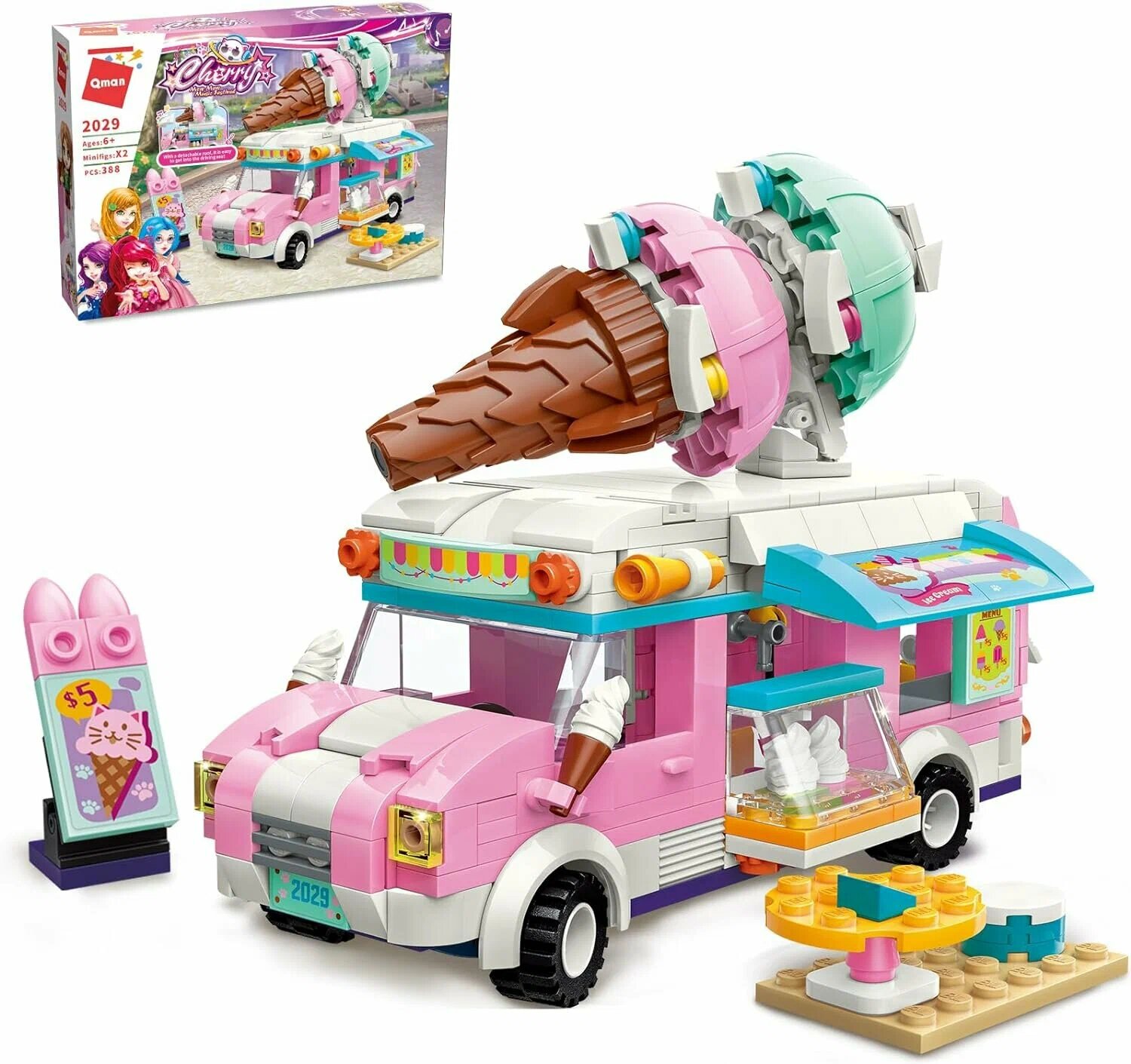 Конструктор Qman Cherry "Фургон Кафе-Мороженное", с 2 мини фигурками, 388 элементов