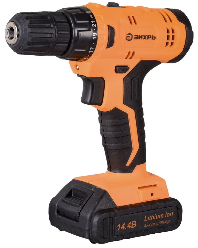 Дрель-шуруповерт аккумуляторная Вихрь ДА-14.4Л-2К с 2 аккумуляторами, в кейсе, 14.4В, Li-Ion 2А/ч, 40Нм, 2 скорости / электроинструмент