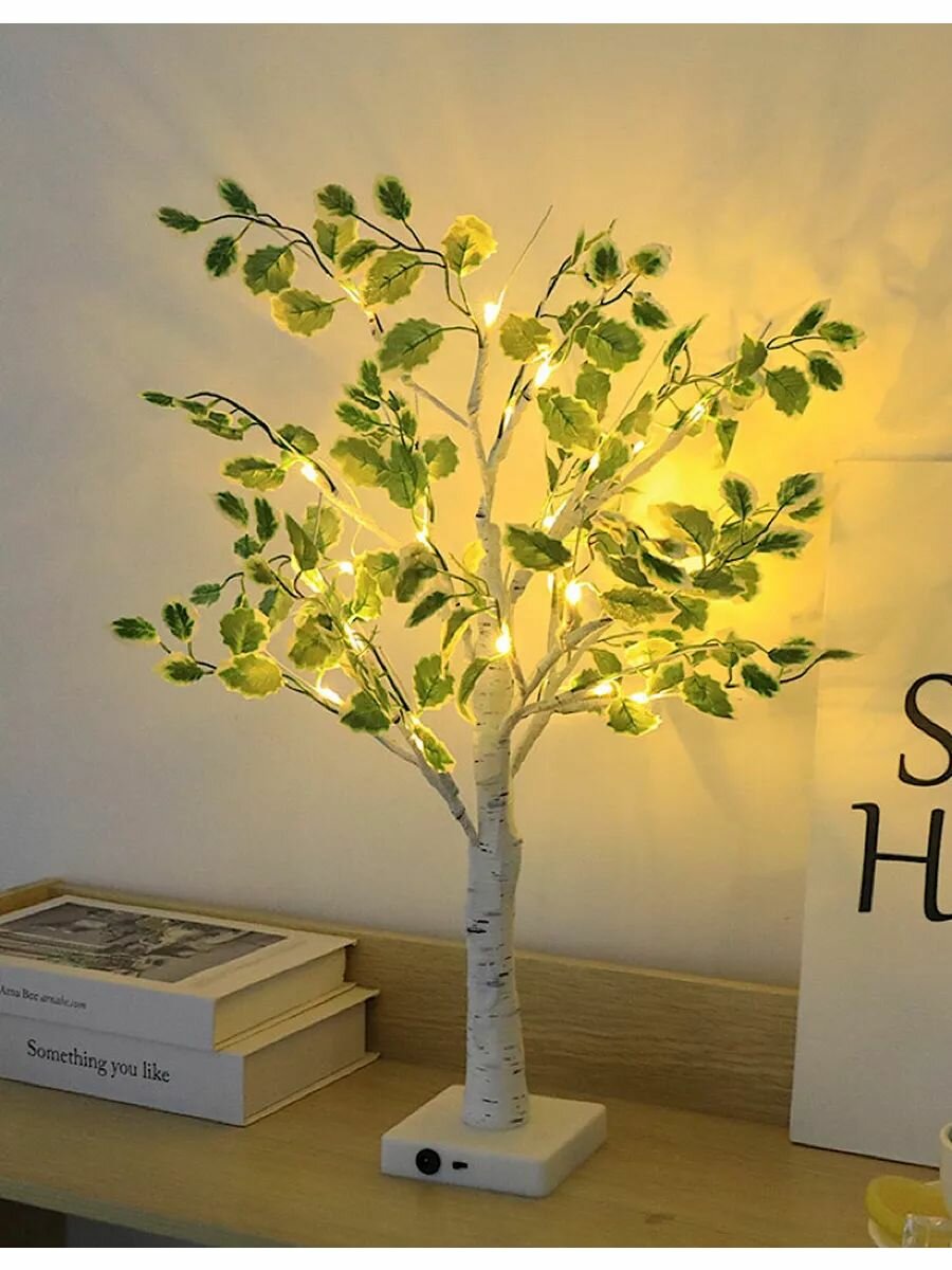 Светодиодное дерево 60 см с USB питанием и гибкими листьями, теплый белый свет для декора дома и офиса